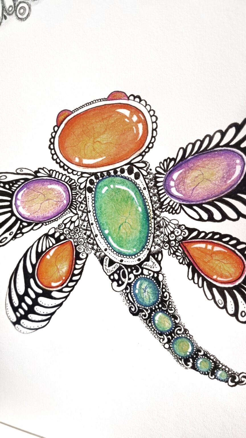3D Zentangle Gemstone Dragonfly Art Tutorial| Pencil Color|