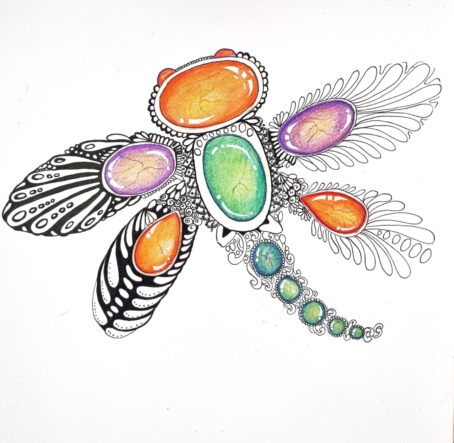 3D Zentangle Gemstone Dragonfly Art Tutorial| Pencil Color|